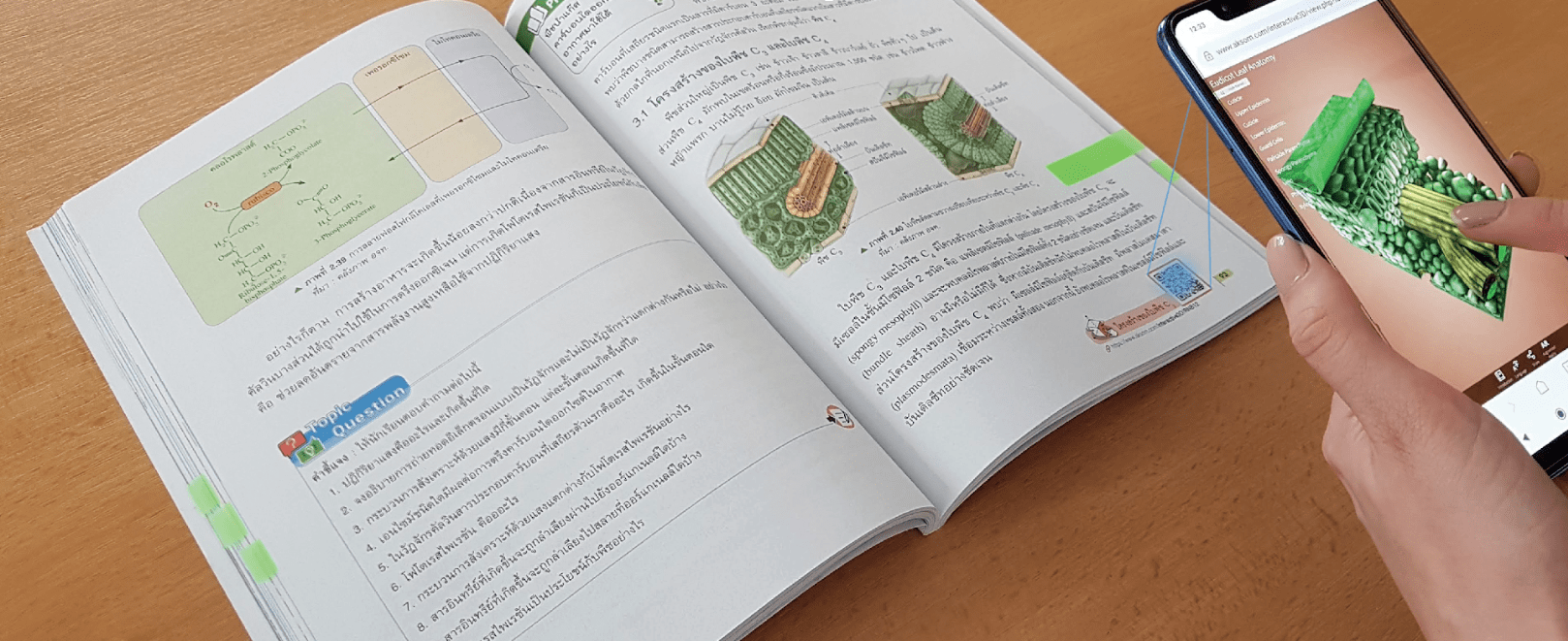 Combining traditional textbooks and digital content. 3D models support Thai